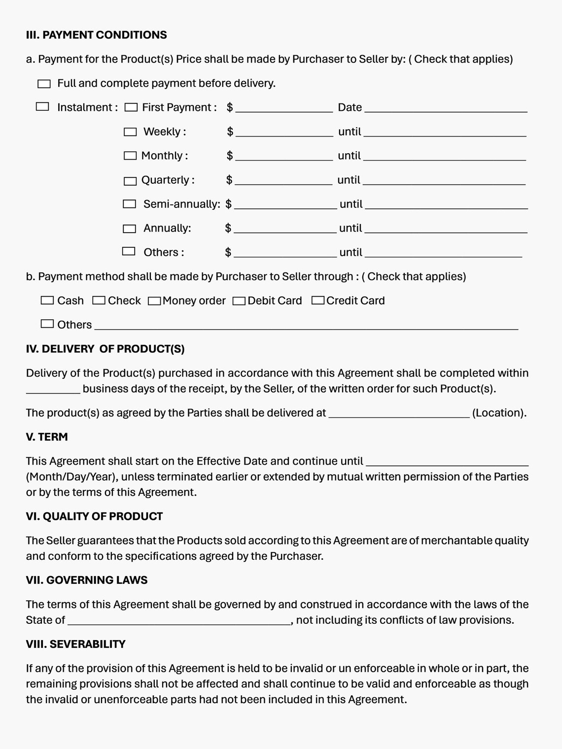 Sales Agreement, Printable Contract, Purchase Contract, Sale of Goods ...