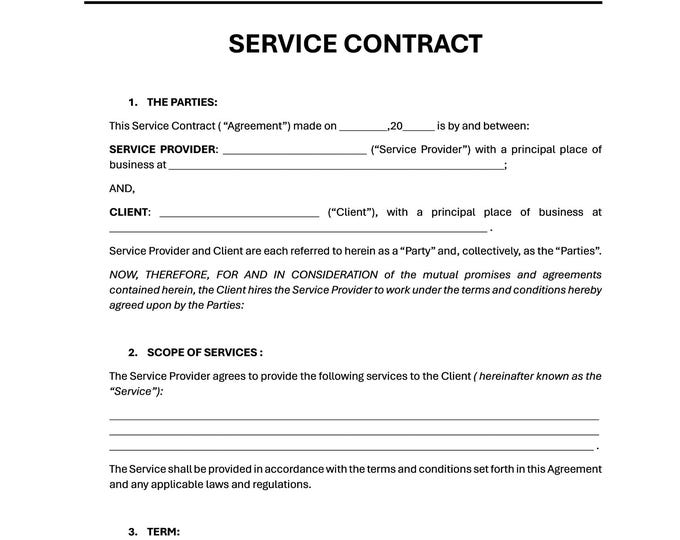 Service Contract Form, Editable Service Agreement, Client Contract ...