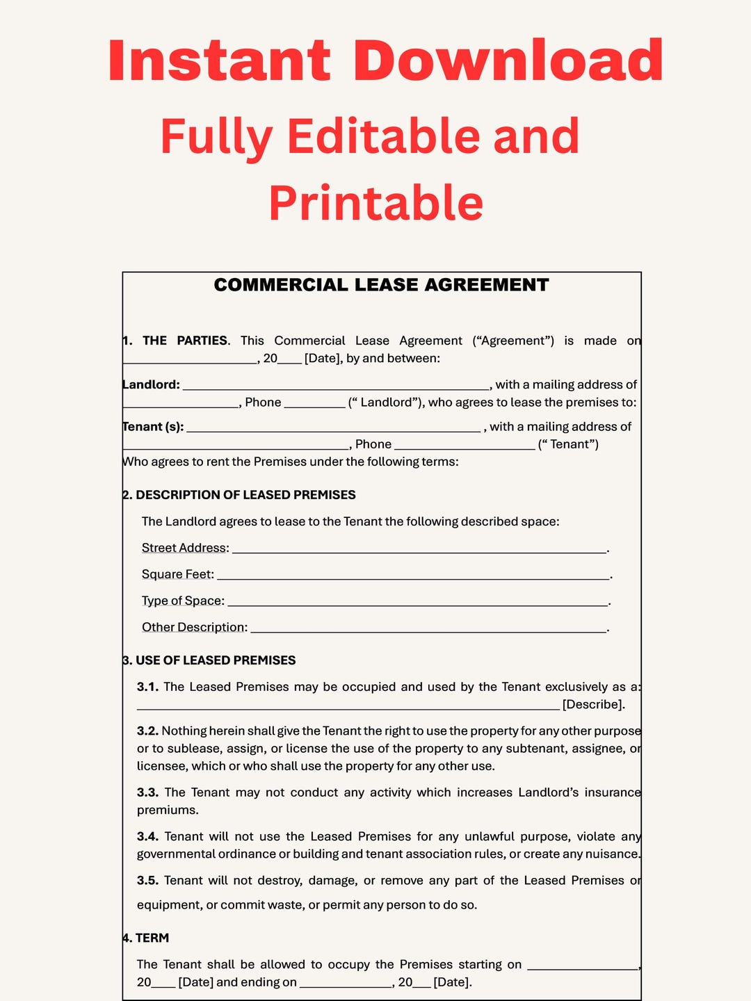 Editable Commercial Lease Agreement, Property Lease Contract Digital ...