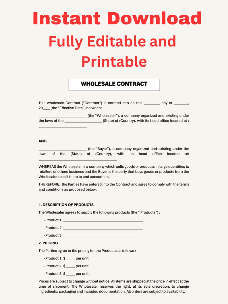 Editable Wholesale Contract Template, Business Agreement (digital ...