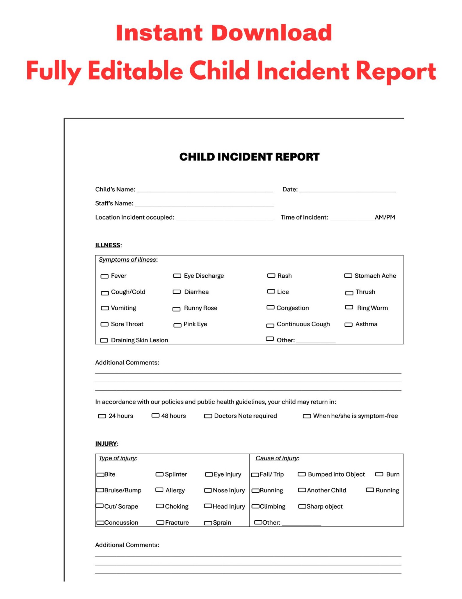 Child Incident Report, Daycare Accident, Child Illness Report ...