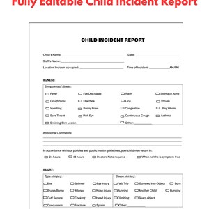 Child Incident Report, Daycare Accident, Child Illness Report ...