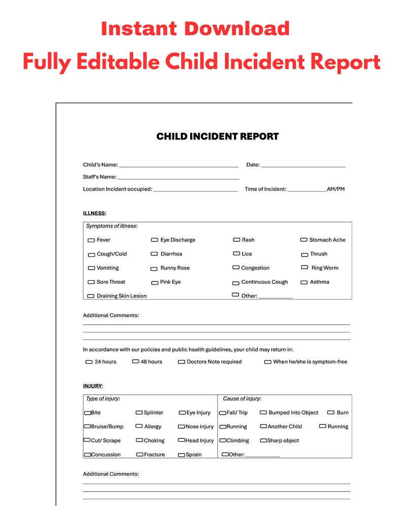 Child Incident Report, Daycare Accident, Child Illness Report ...