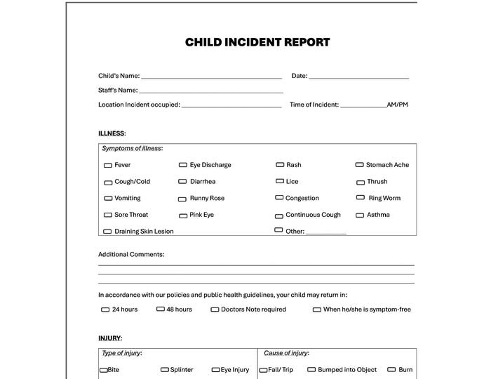 Child Incident Report, Daycare Accident, Child Illness Report ...