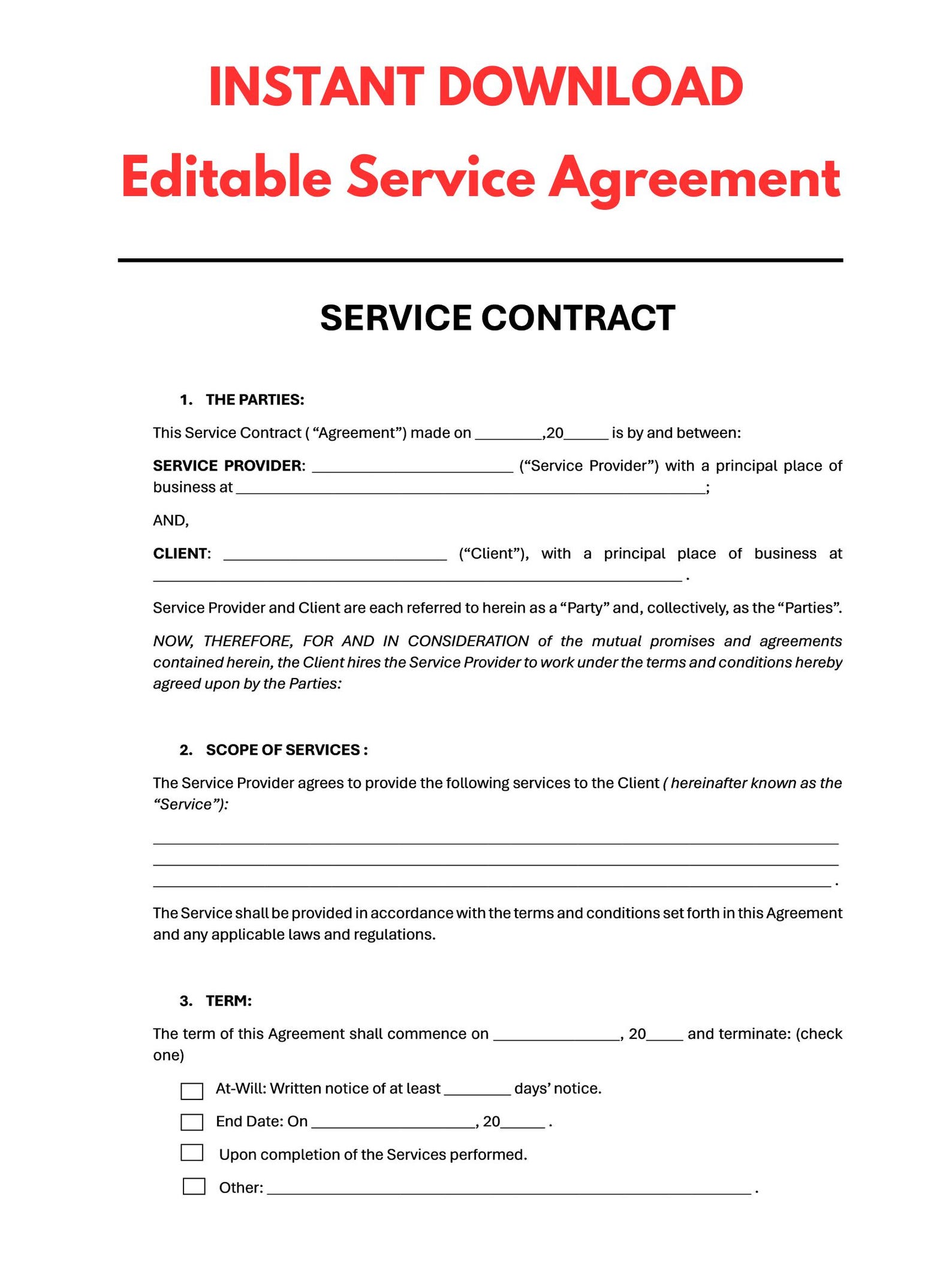 Service Contract Form, Editable Service Agreement, Client Contract ...