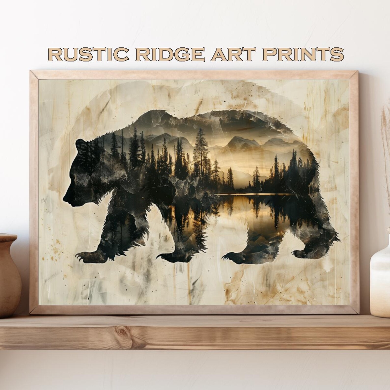 Printable Wall Art, Bear Silhouette Filled With Forest and Lake ...