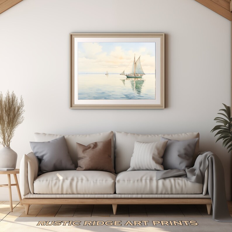 Printable Art, Elegant Sailboat With Billowing Sails on Calm Waters ...