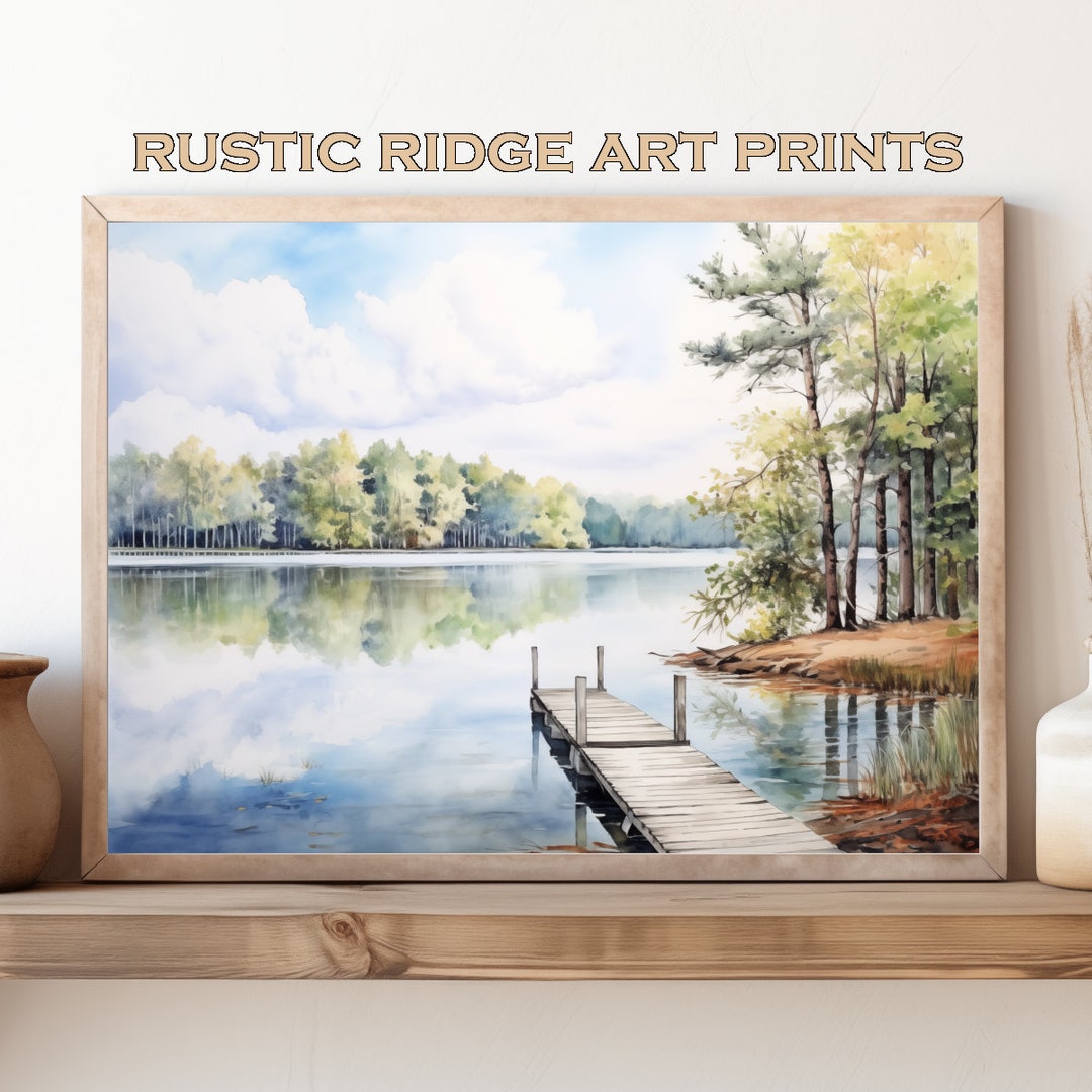 Printable Art, Wooden Dock on the Edge of Calm Lake, Surrounded by Trees and Pine Forest in ...
