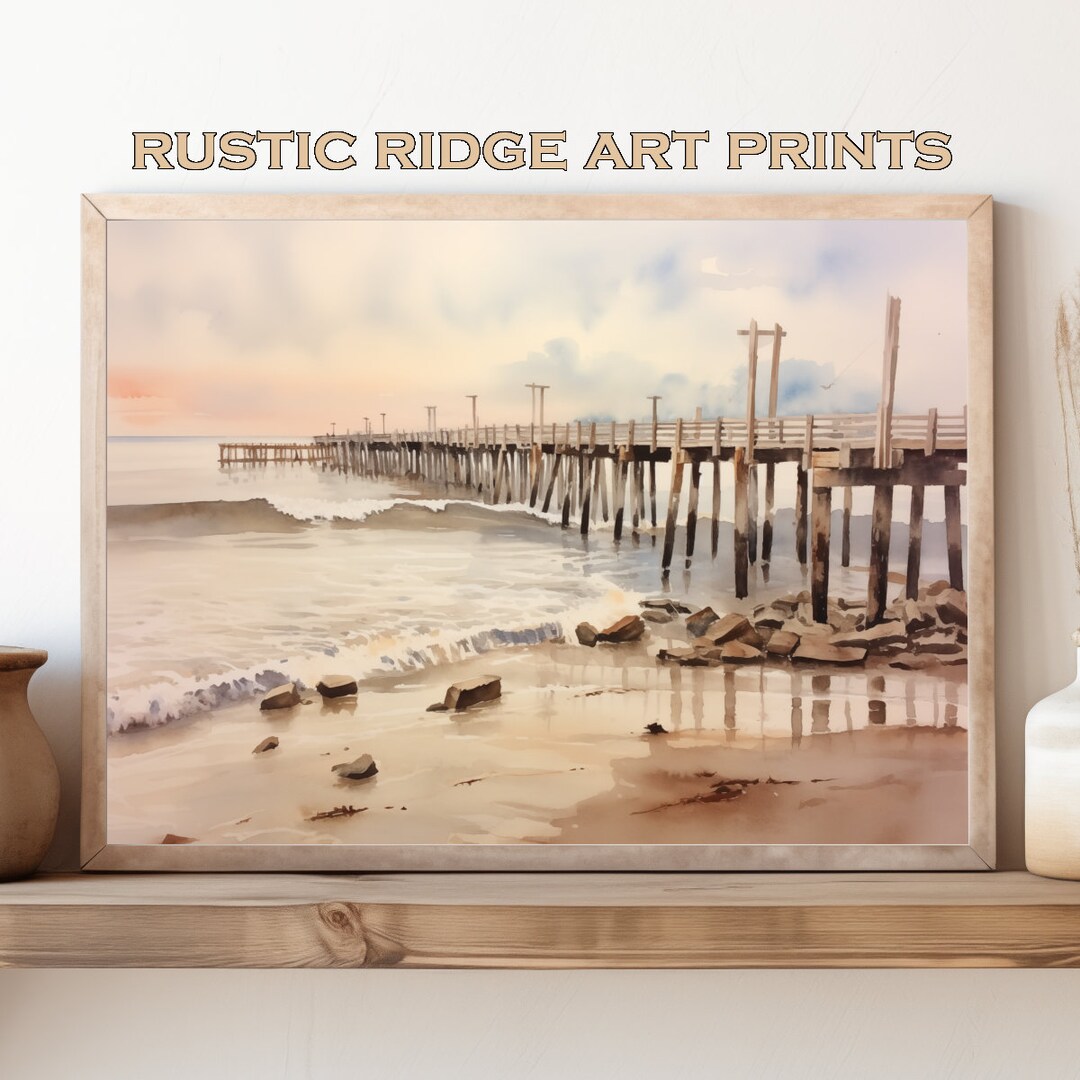 Printable Art, Long Pier Extending Into the Ocean, Beach With Rocks on ...