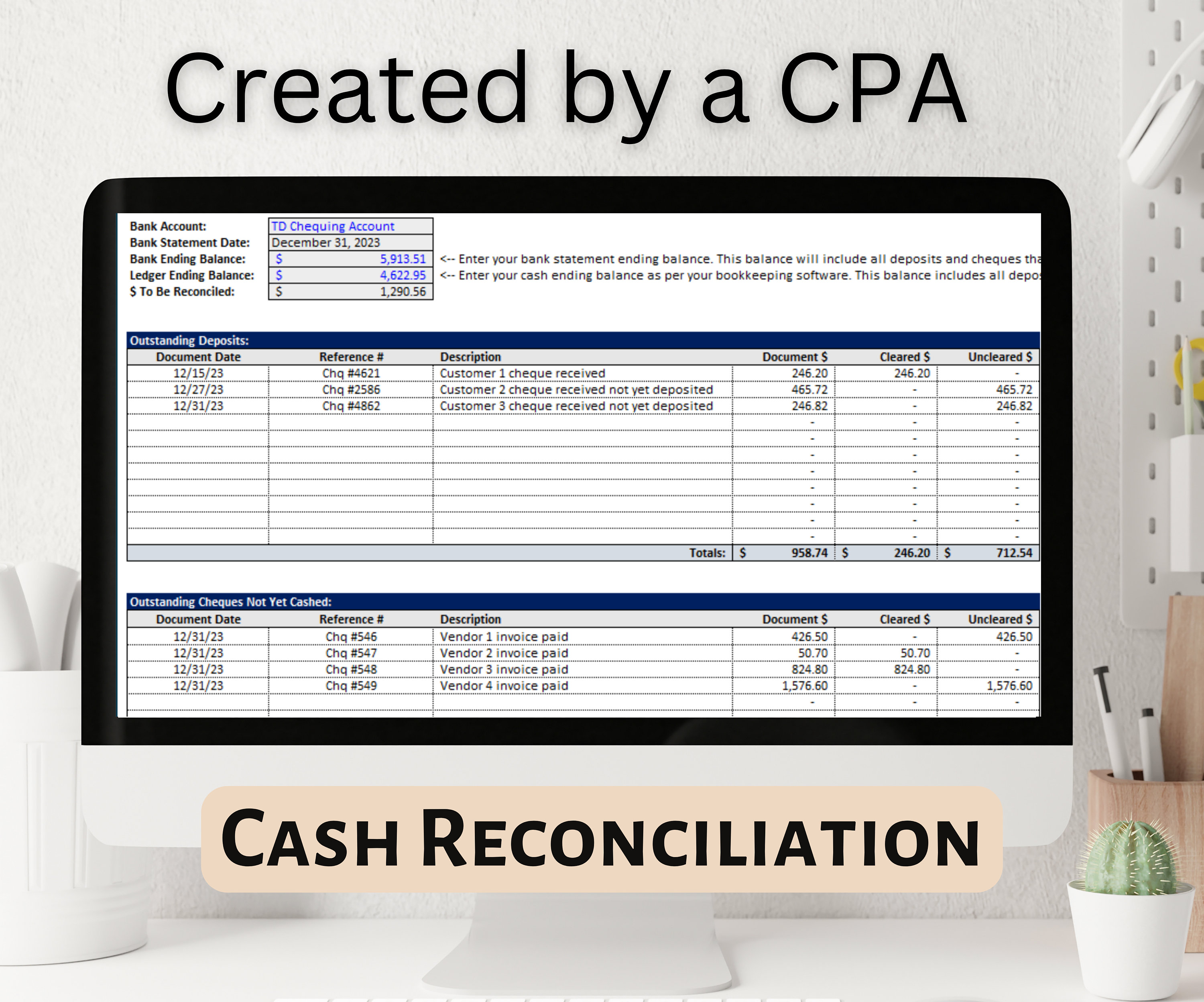 Professional Bank Cash Reconciliation Template - Etsy