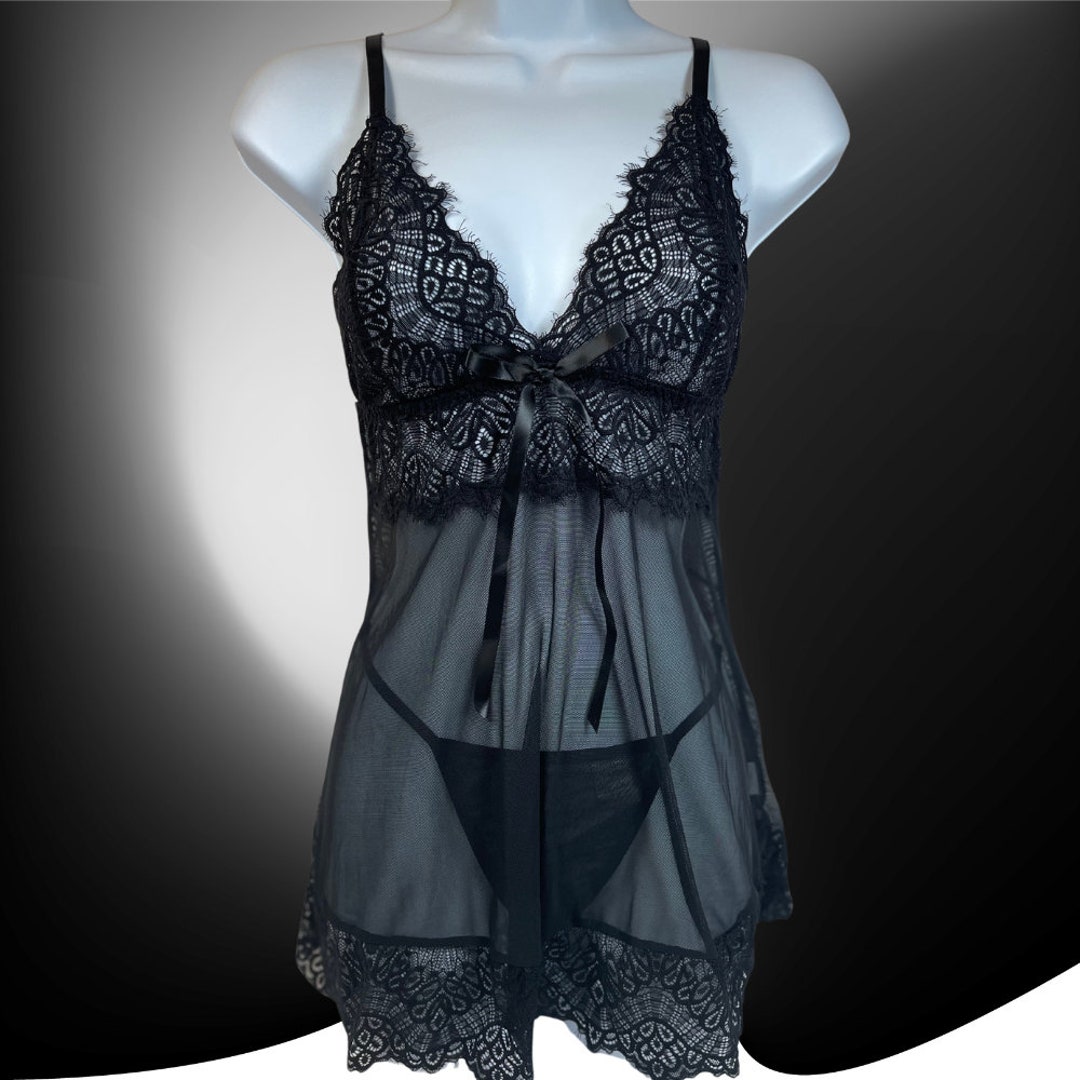 Sexy Black Sheer Mesh Slips With Thong Lingerie Set - Etsy