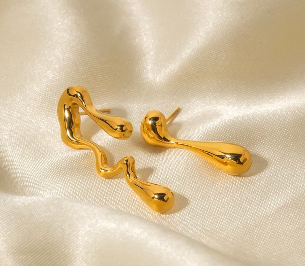 Melted Gold Earrings, Irregular Large Stud Earrings, Contemporary ...