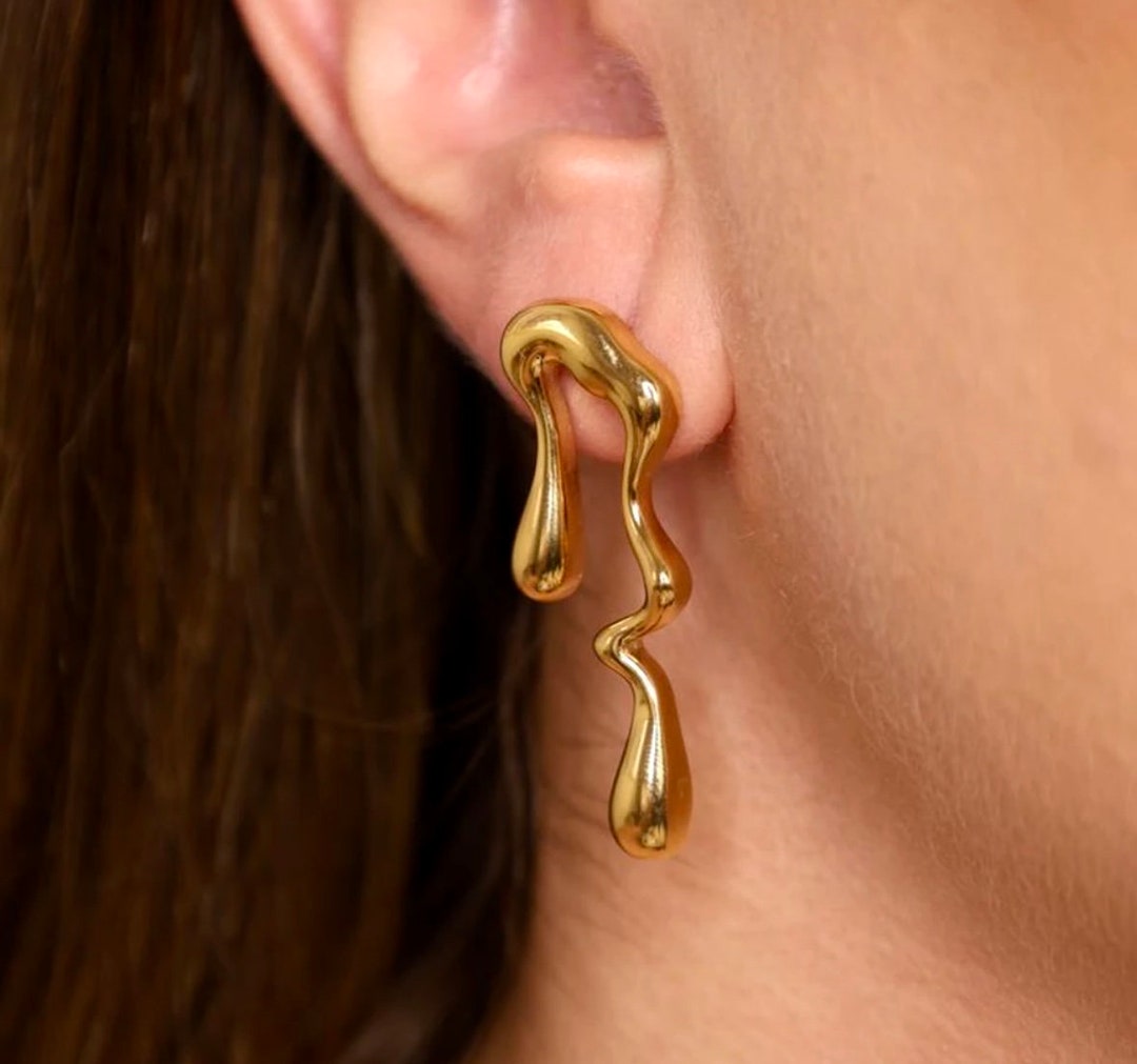 Melted Gold Earrings, Irregular Large Stud Earrings, Contemporary ...