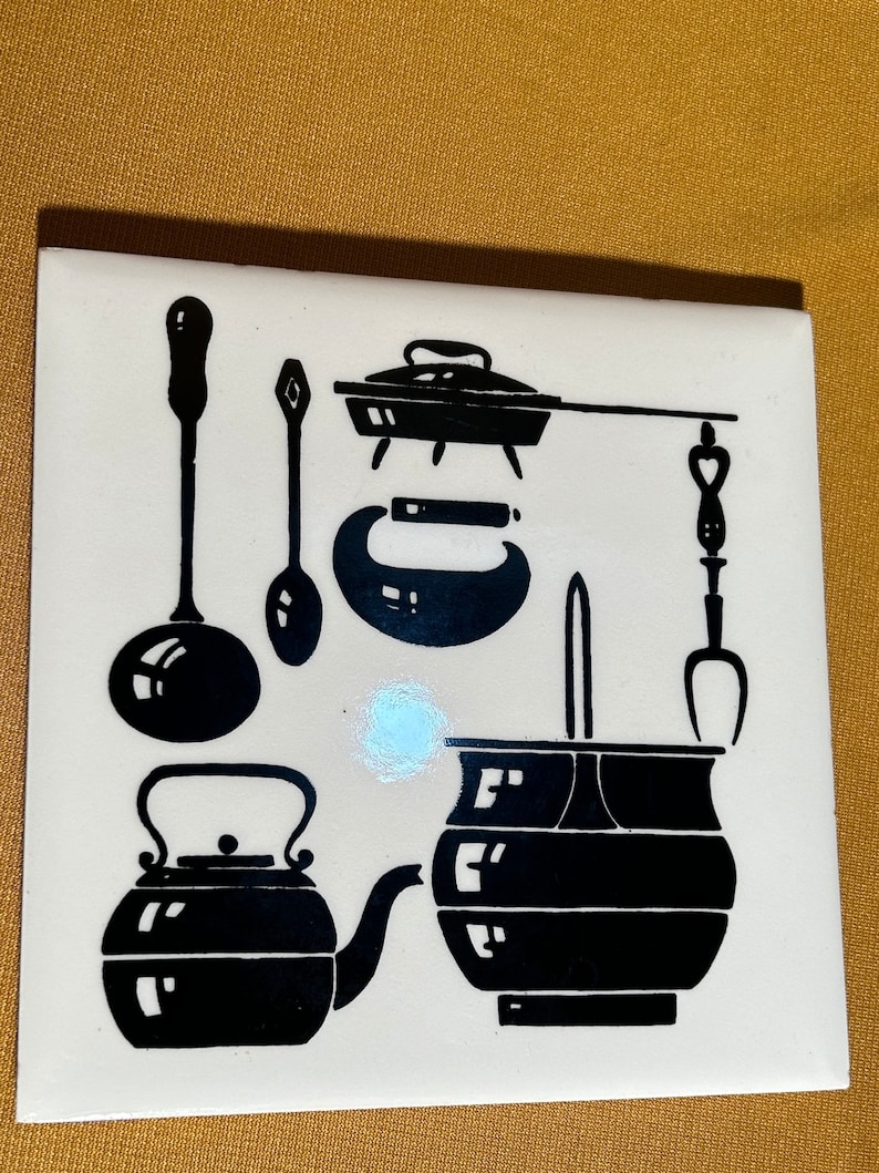 Stylish MCM Black and White Tile With Retro Kitchenware Design - Etsy
