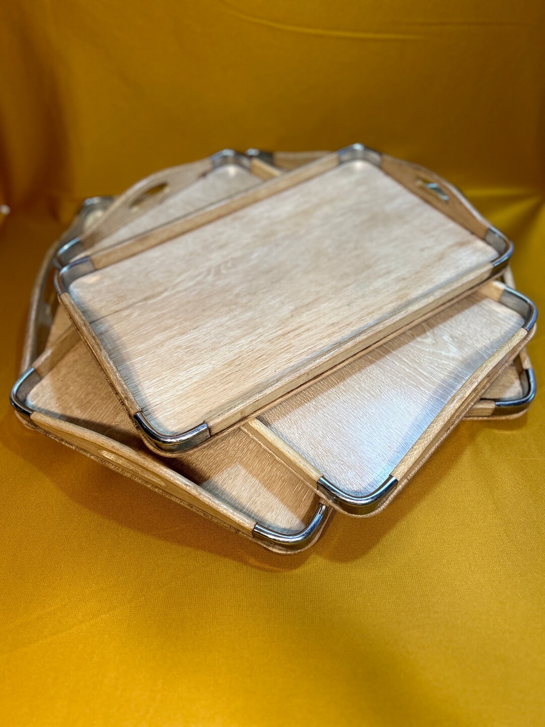 Set of 4 Vintage Quon Quon Japan Serving Trays Wood & Metal Tray With ...