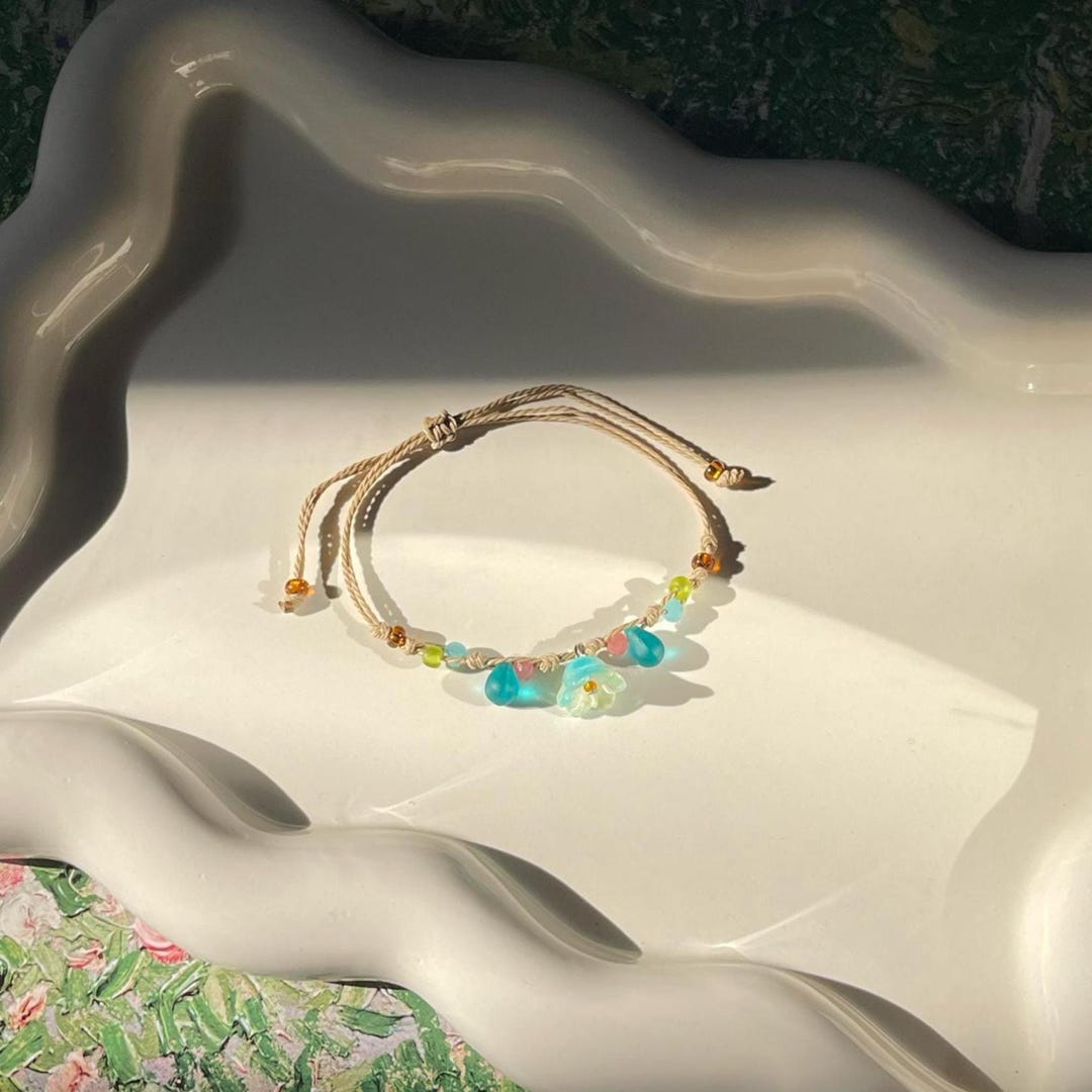 Handmade Dainty Blue Flower Bracelet: Adjustable String Jewelry - Etsy