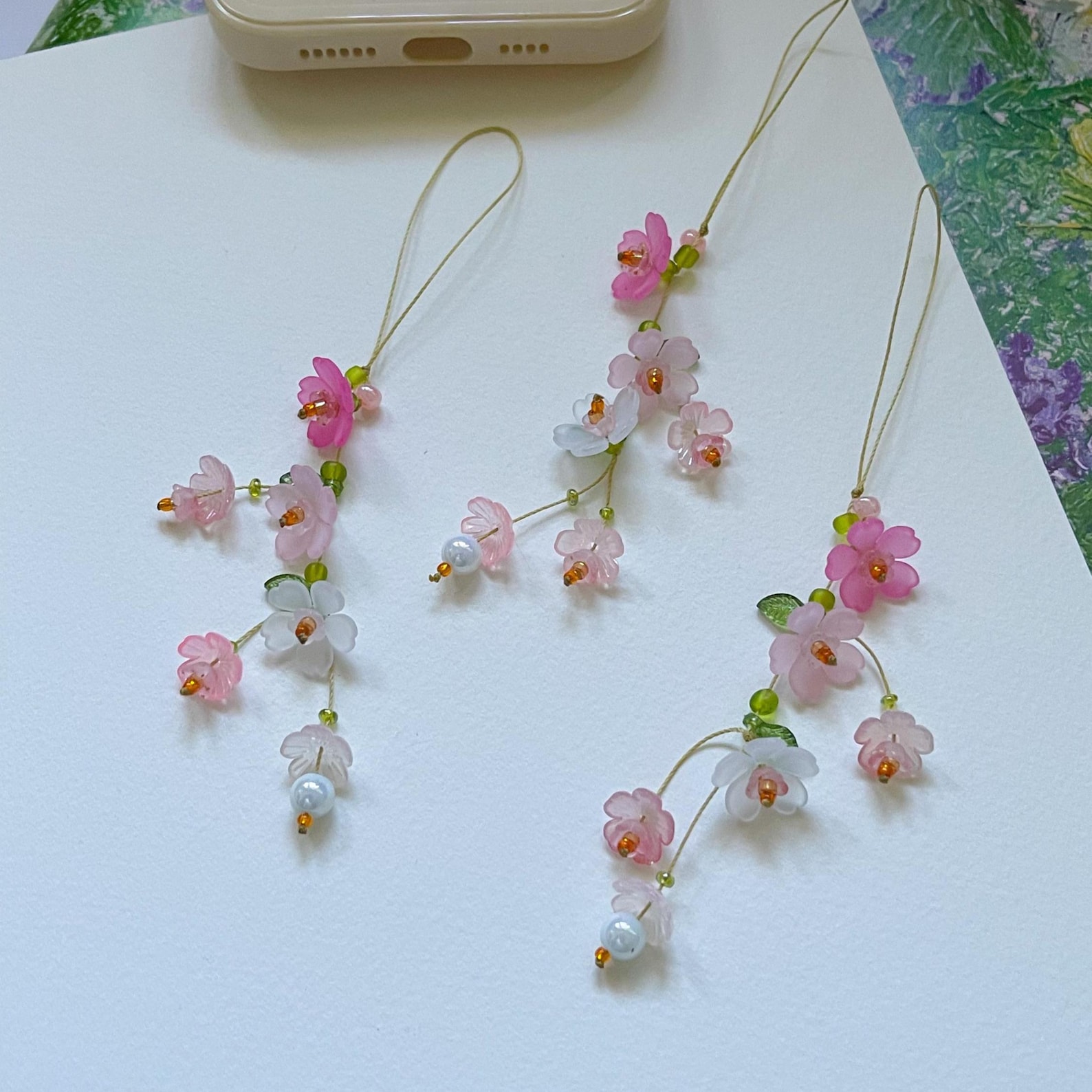 Handmade Sakura Phone Charm: Pink Beaded Floral Keychain - Etsy