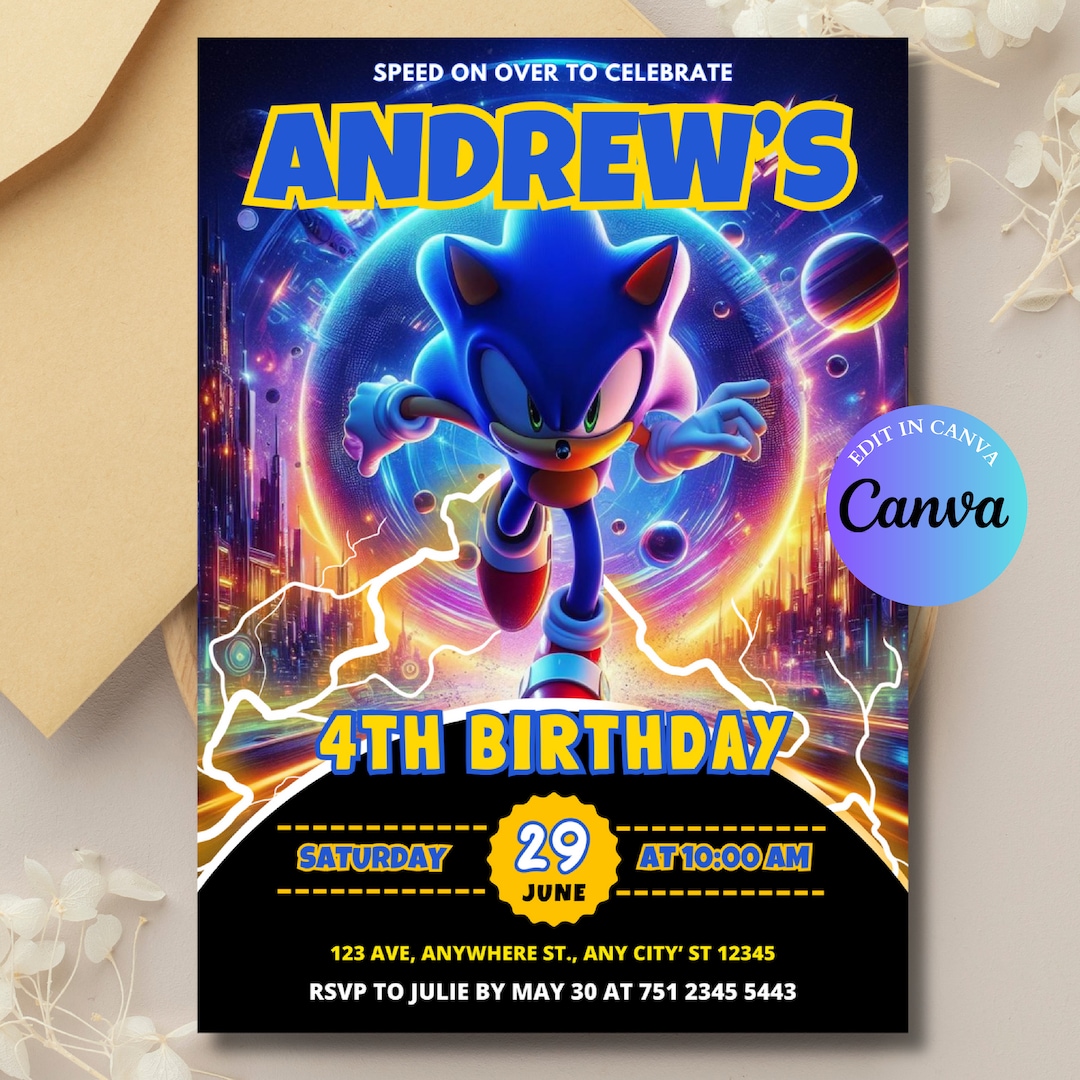 Sonic Birthday Invitation, Super Hedgehog Boys Party Invite, Super ...