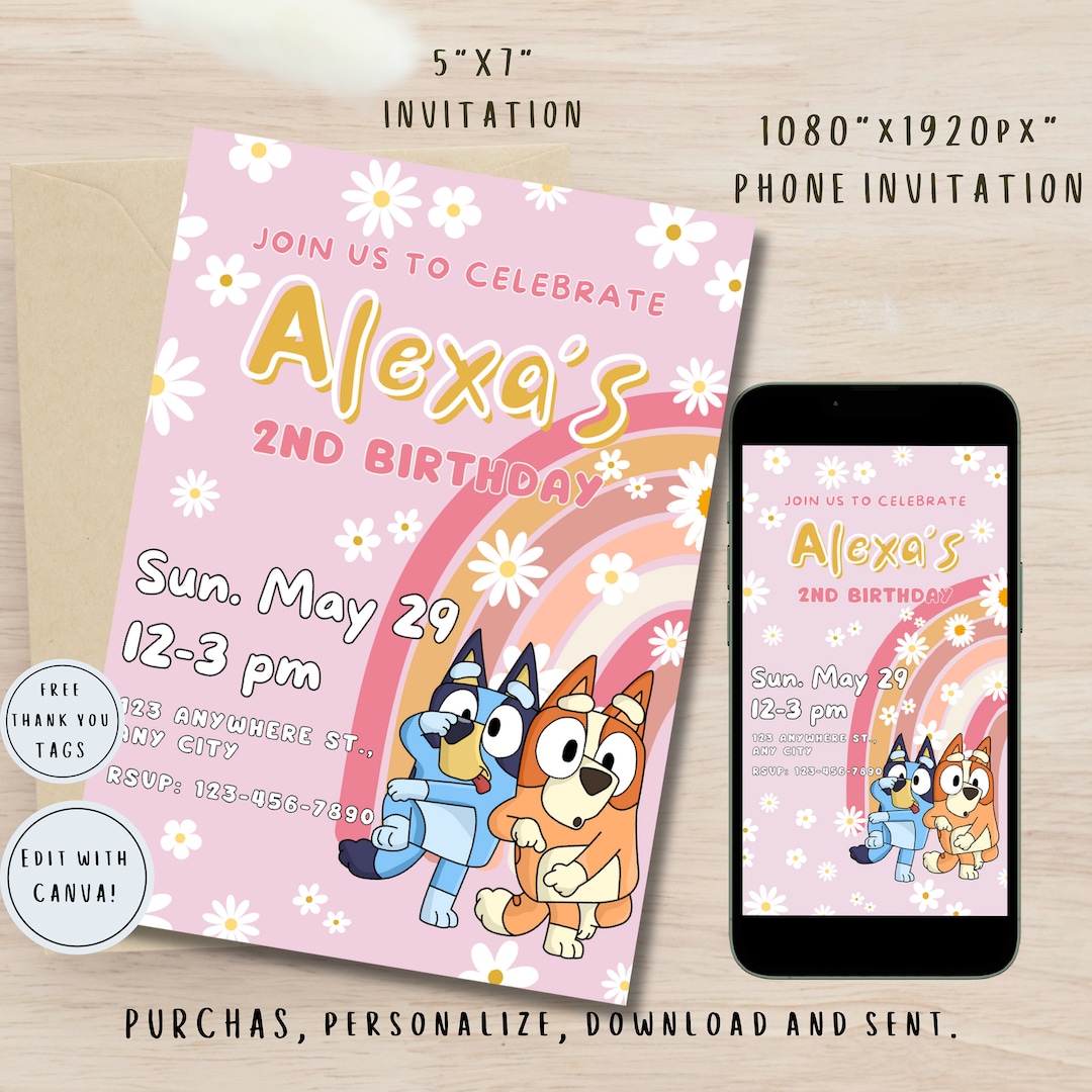 Pink Bluey Birthday Invitation Template Kids Birthday Party Bluey ...