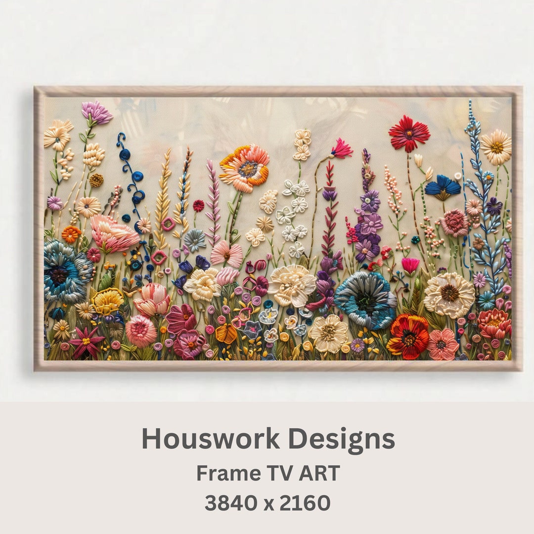 Embroidered Spring Flowers Frame TV Art, Wildflower Floral Embroidery ...