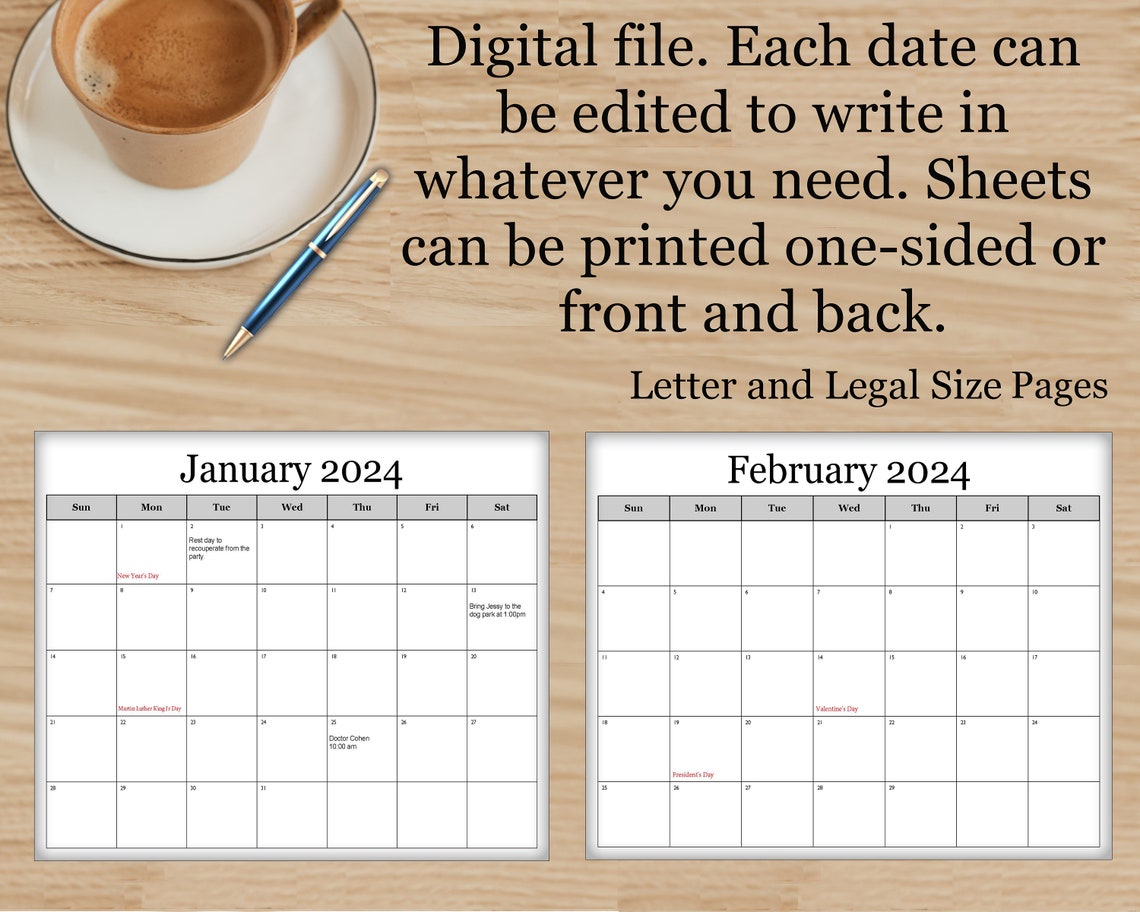 Minimalist, Simple Lined 2024 Calendar Fillable Prints on 8.5x11 or 8 ...
