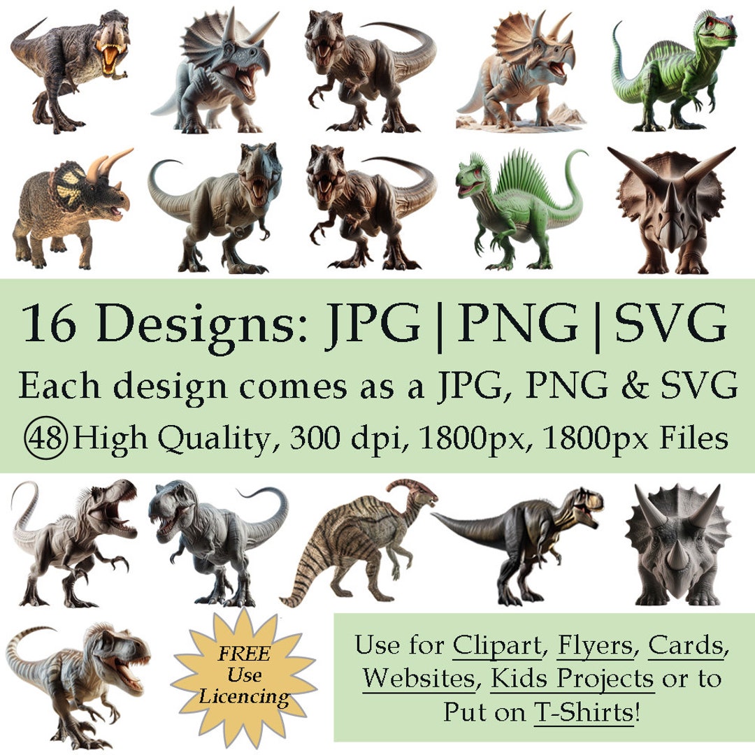 48 300 Dpi Dinosaur 3D Clip Art Files (set A) 16 Designs of Realistic ...