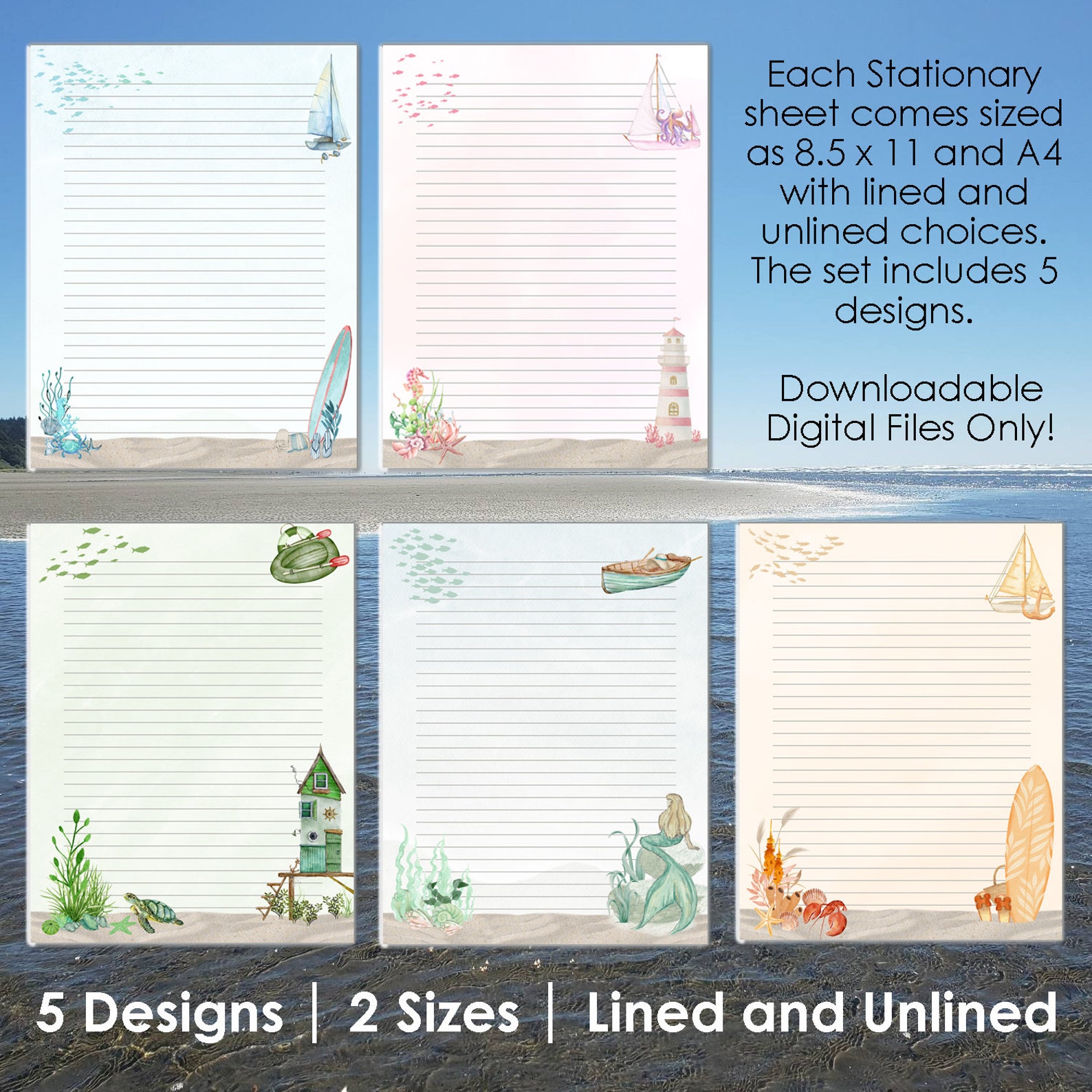 Ocean Themed Stationary, 5 Colors, 2 Sizes 8.5 X 11 and A4, Lined and ...