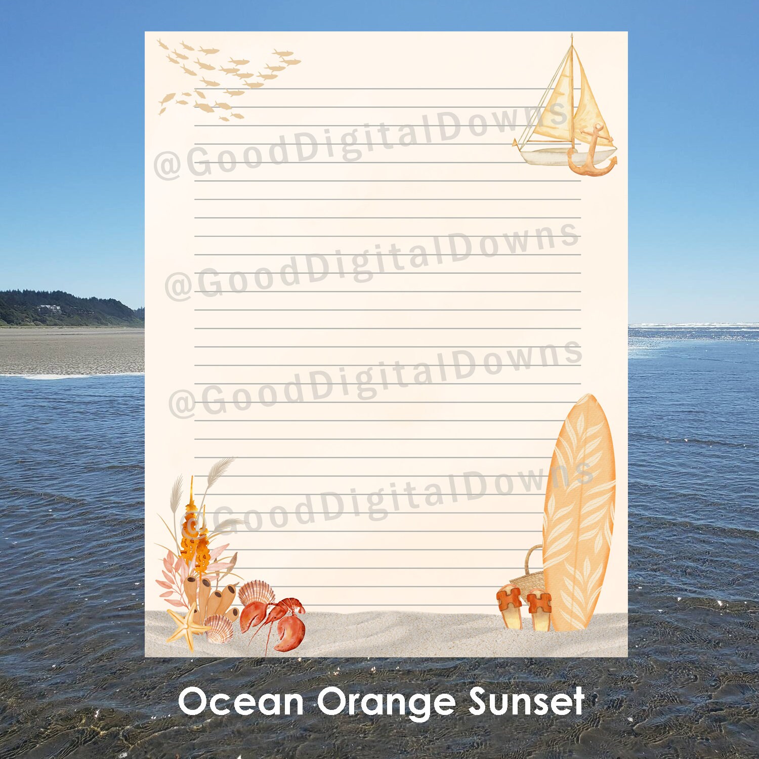 Ocean Themed Stationary, 5 Colors, 2 Sizes 8.5 X 11 and A4, Lined and ...