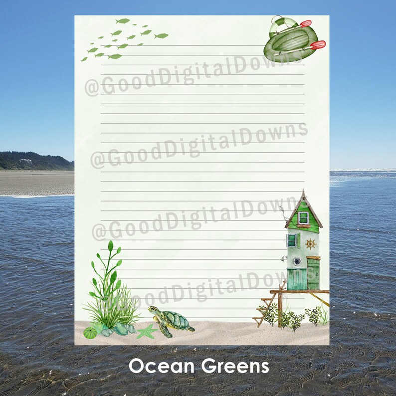 Ocean Themed Stationary, 5 Colors, 2 Sizes 8.5 X 11 and A4, Lined and ...