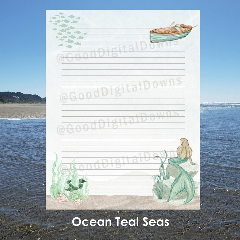 Ocean Themed Stationary, 5 Colors, 2 Sizes 8.5 X 11 and A4, Lined and ...