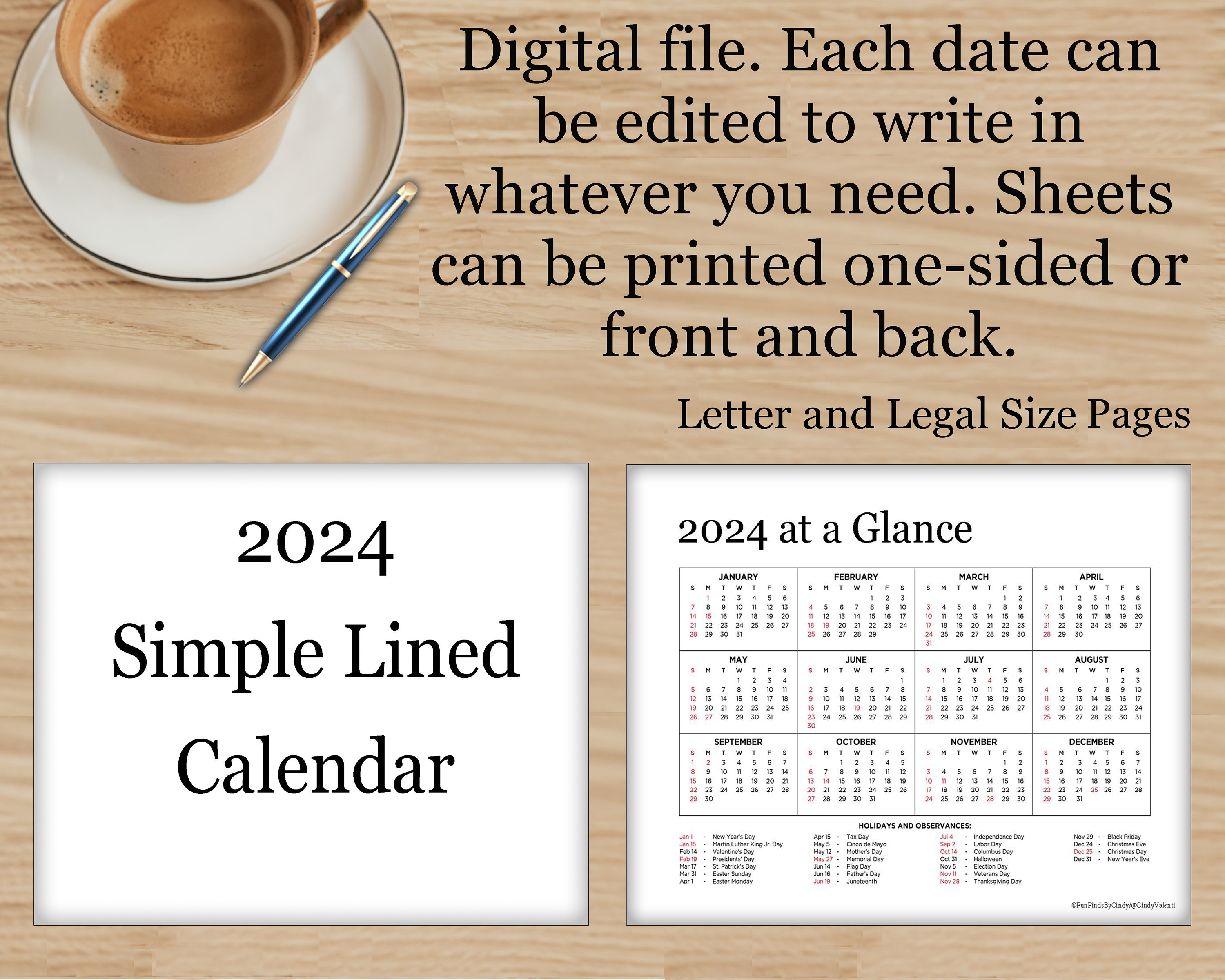 Minimalist, Simple Lined 2024 Calendar Fillable Prints on 8.5x11 or 8 ...