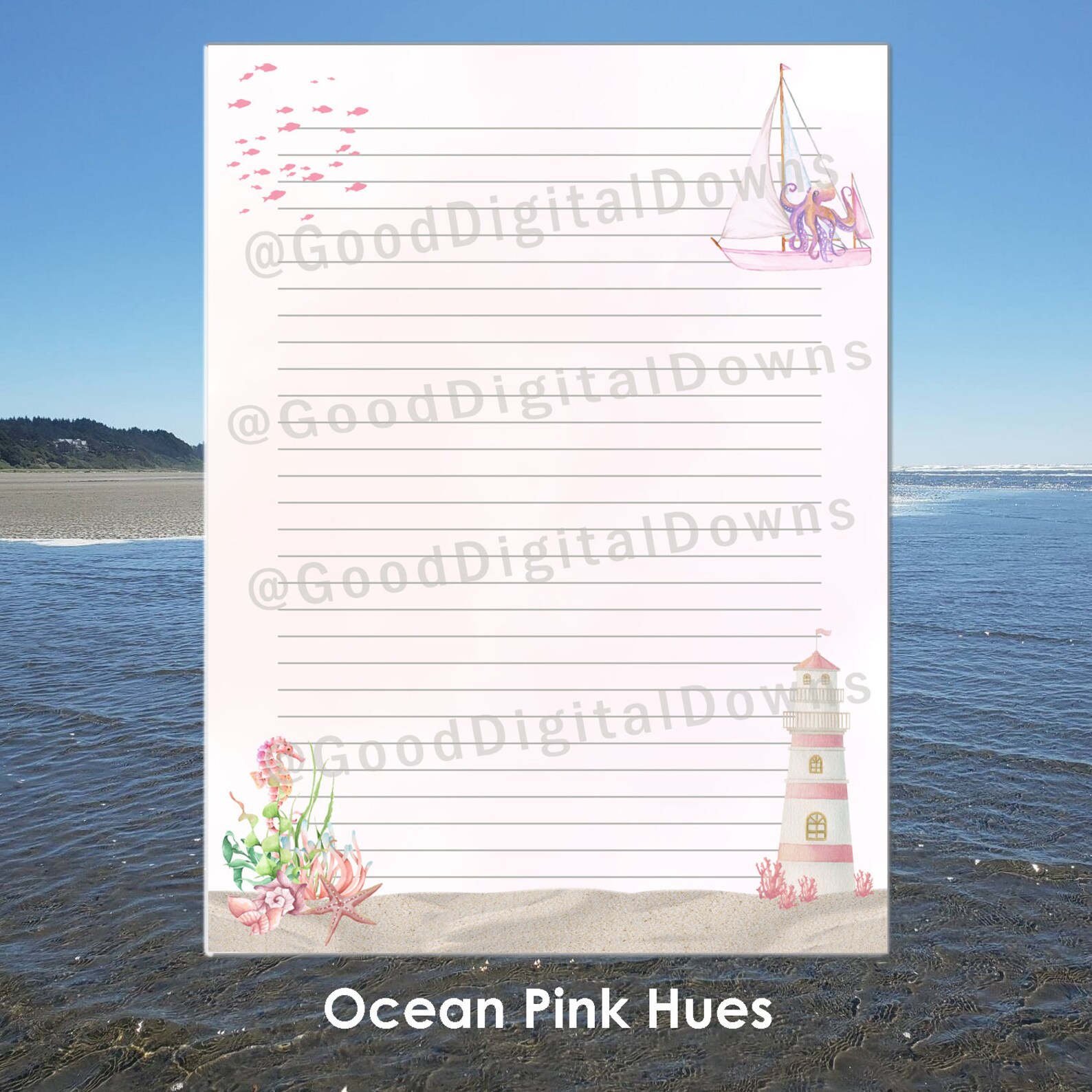 Ocean Themed Stationary, 5 Colors, 2 Sizes 8.5 X 11 and A4, Lined and ...