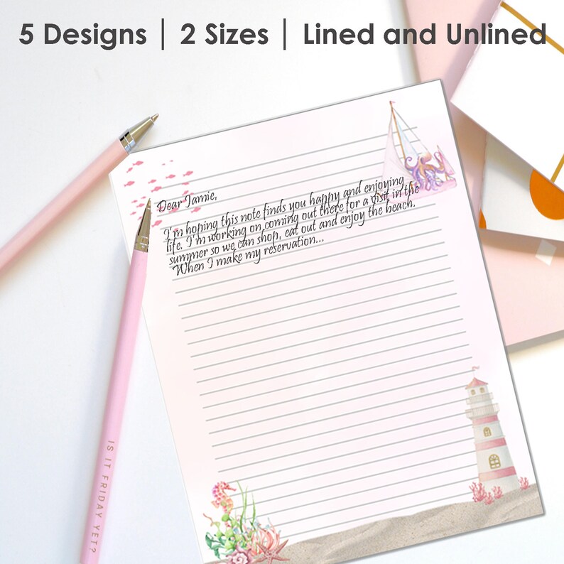 Ocean Themed Stationary, 5 Colors, 2 Sizes 8.5 X 11 and A4, Lined and ...