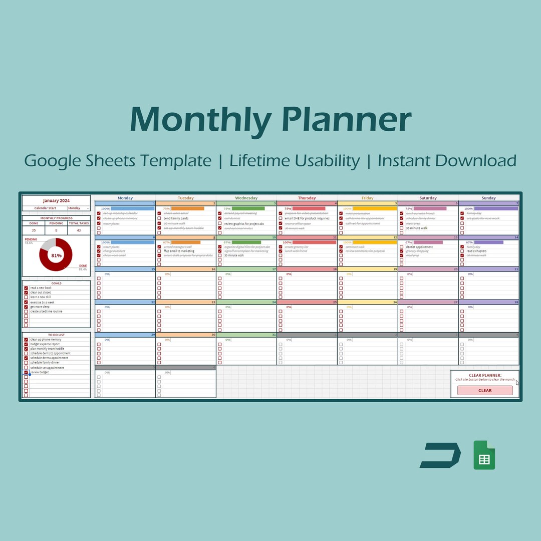 Monthly Planner Google Sheets Template Lifetime Usability - Etsy