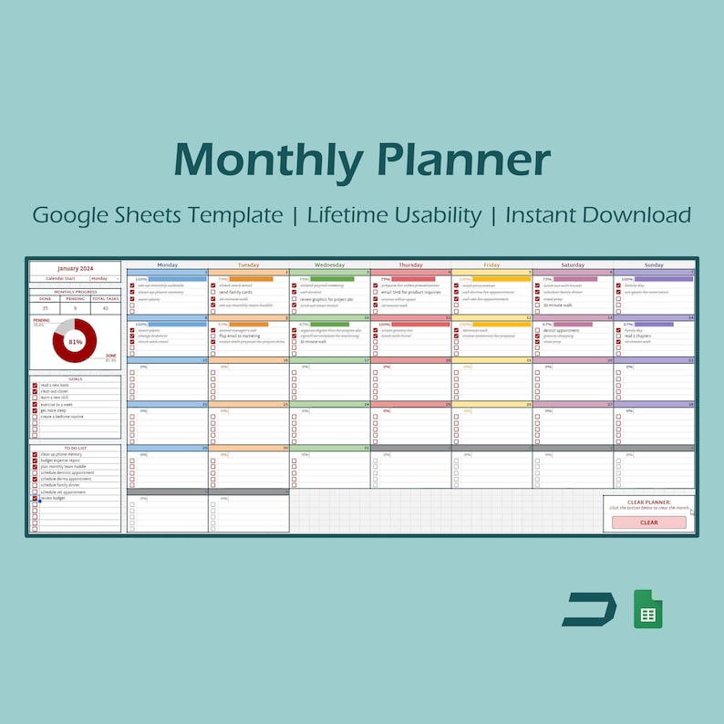 Monthly Planner Google Sheets Template Lifetime Usability - Etsy