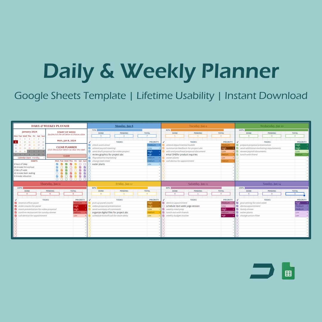 Daily Weekly Planner Google Sheets Template Lifetime Usability - Etsy