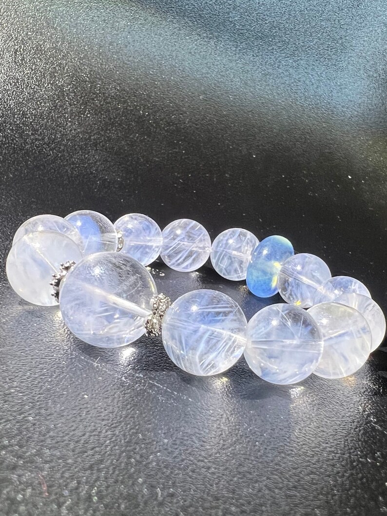 15mm Rare Genuine Blue Feather Needle Rutilated Quartz Beaded Bracelet ...
