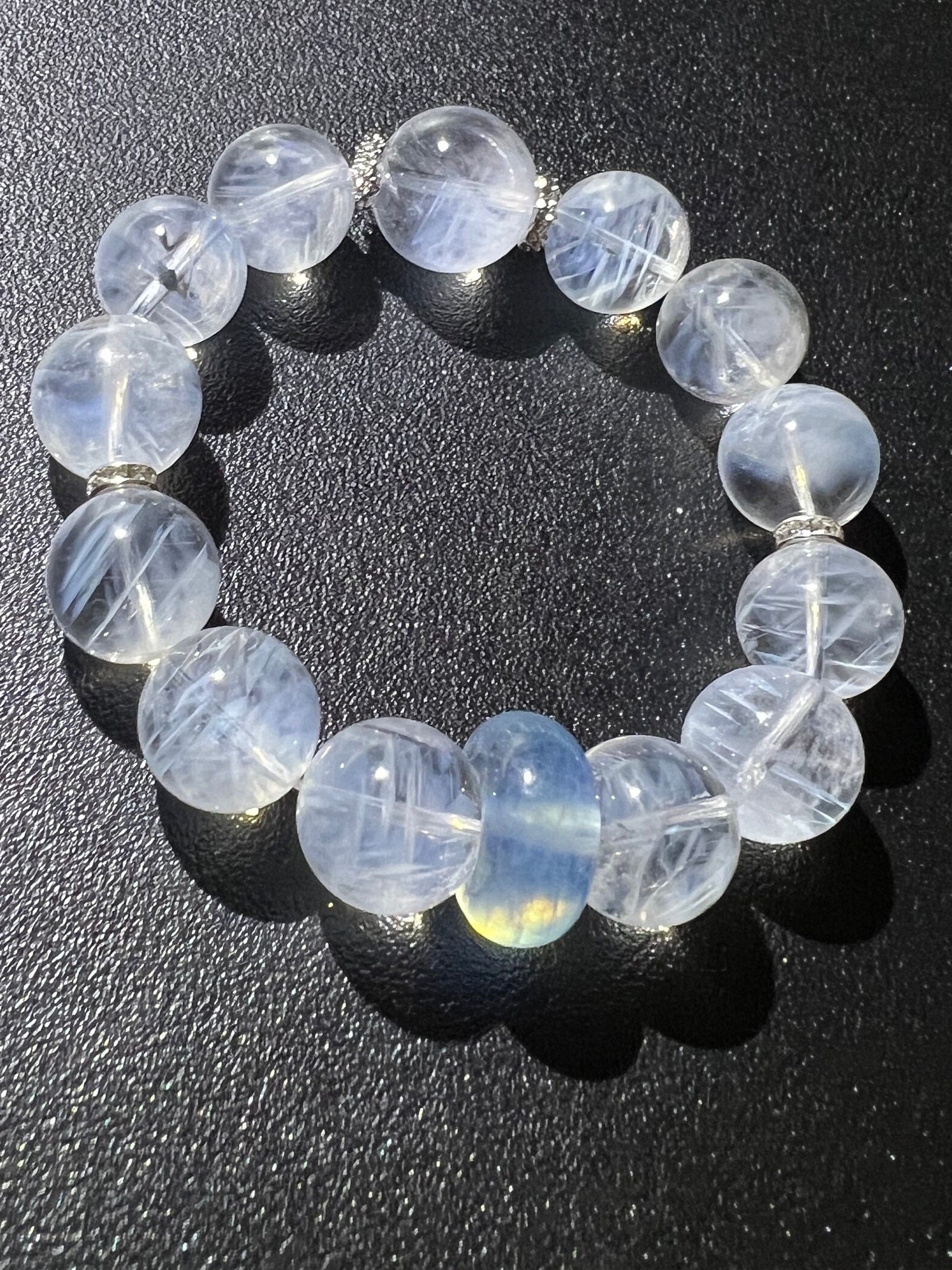 15mm Rare Genuine Blue Feather Needle Rutilated Quartz Beaded Bracelet ...