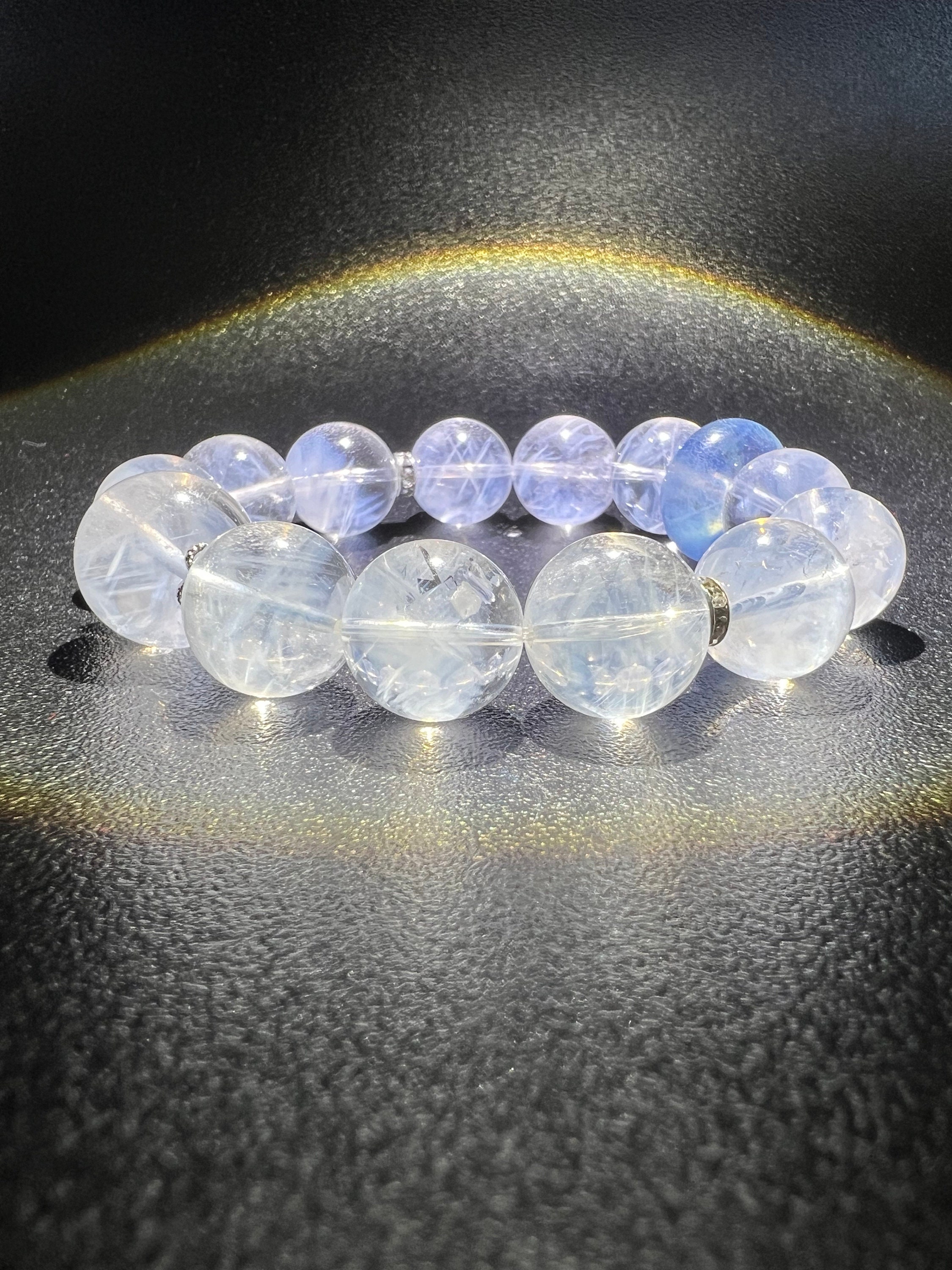 15mm Rare Genuine Blue Feather Needle Rutilated Quartz Beaded Bracelet ...