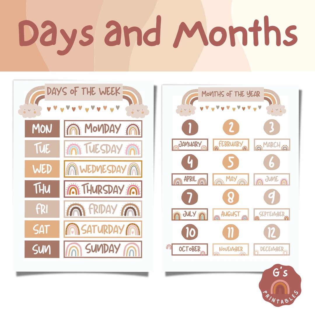 Boho Rainbow Display Printable | Days of the Week | Months of the Year ...