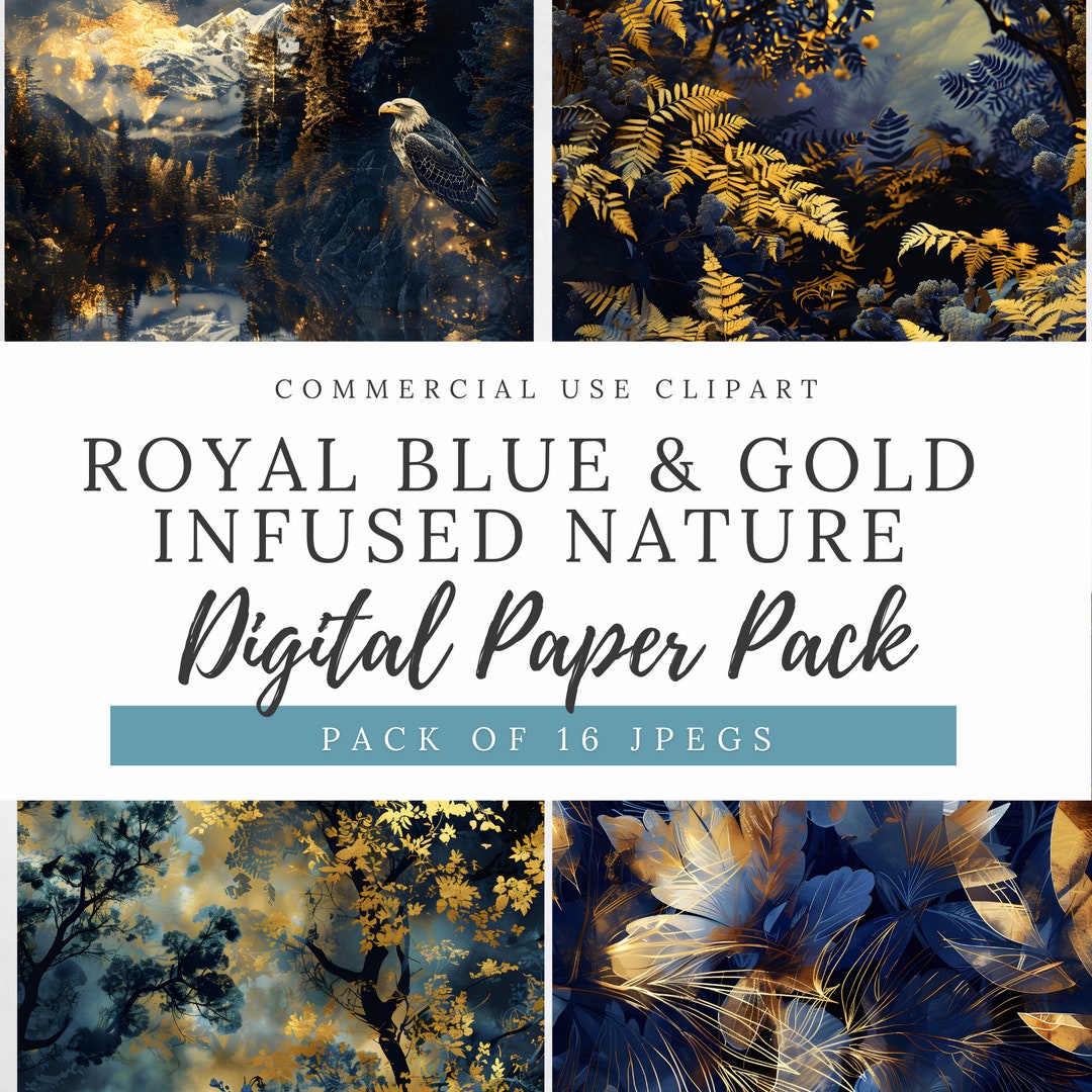 Royal Blue and Gold Infused Into Nature, Digital Paper Pack, Blue and ...