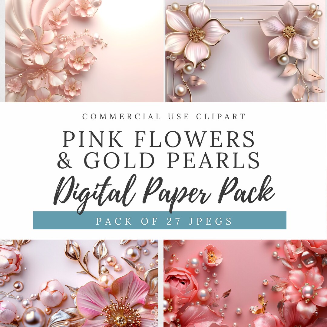 Pink Flowers and Pearls Digital Paper, Exquisite Borders, DYI ...