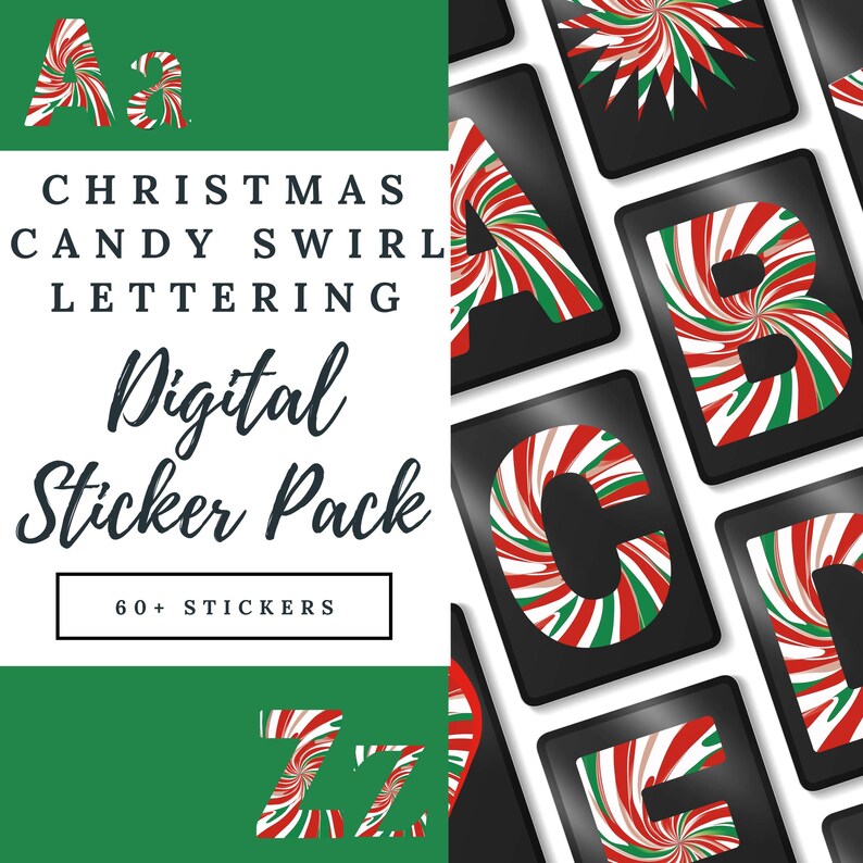 Peppermint Swirl Alphabet & Numbers Digital Sticker Pack | 66 Festive ...