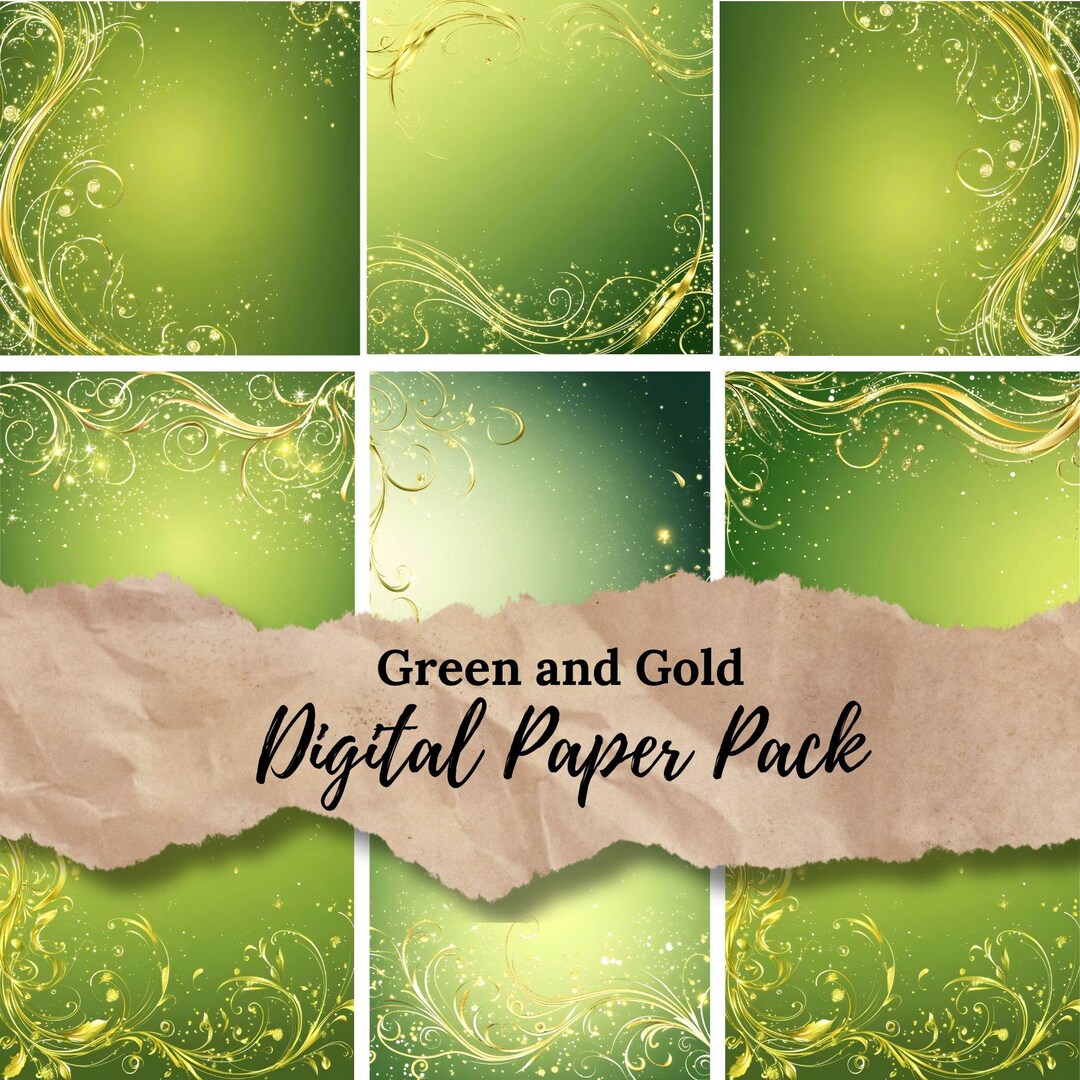 Green and Gold Digital Paper Pack – Elegant Scrapbook Backgrounds, Junk ...