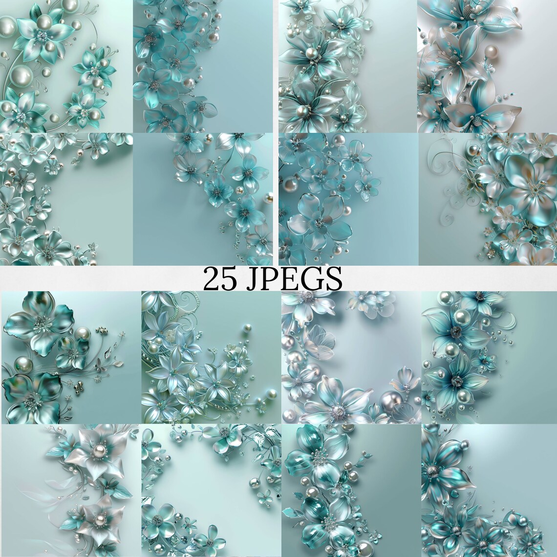 TURQUOISE SILVER FLOWER Backgrounds Digital Paper Pack: Colorful ...