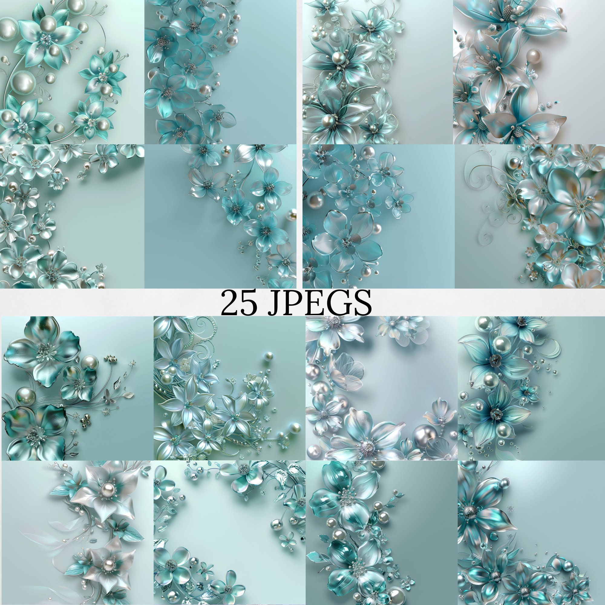 Turquoise Silver Flower Digital Paper Pack: Elegant Floral Backgrounds ...