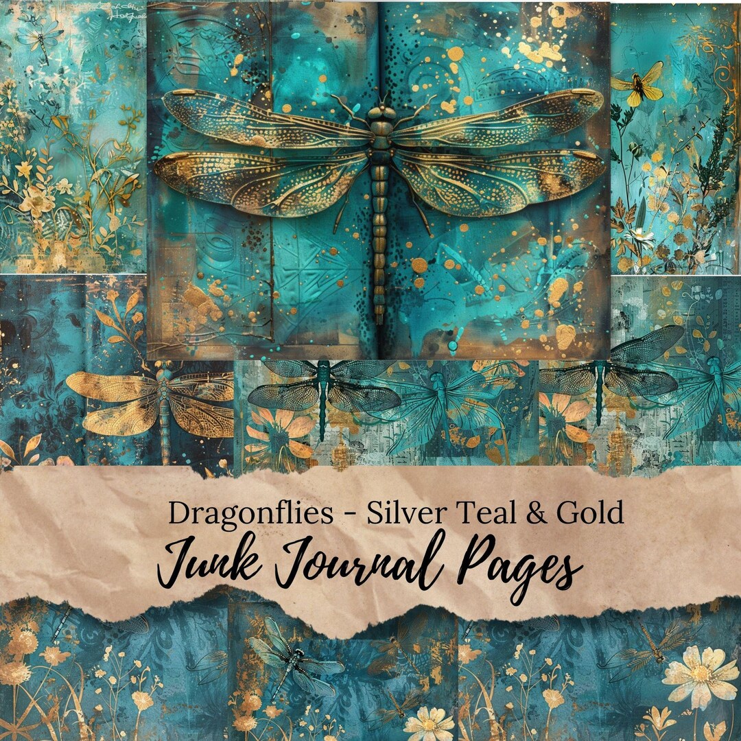 DRAGONFLIES Silver Teal and Gold, 21 Papers: Dragonfly Lovers Junk Journals, Diary, Invitations ...
