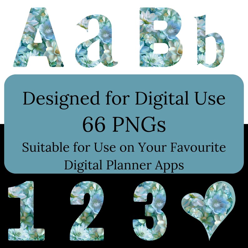 66 Piece Blue & Green Floral Alphabet and Number Digital Sticker Set ...