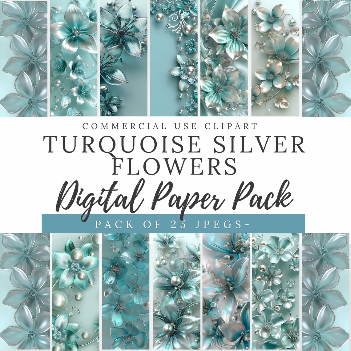 Turquoise Silver Flower Digital Paper Pack: Elegant Floral Backgrounds ...