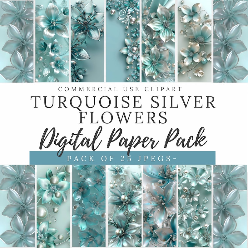 TURQUOISE SILVER FLOWER Backgrounds Digital Paper Pack: Colorful ...